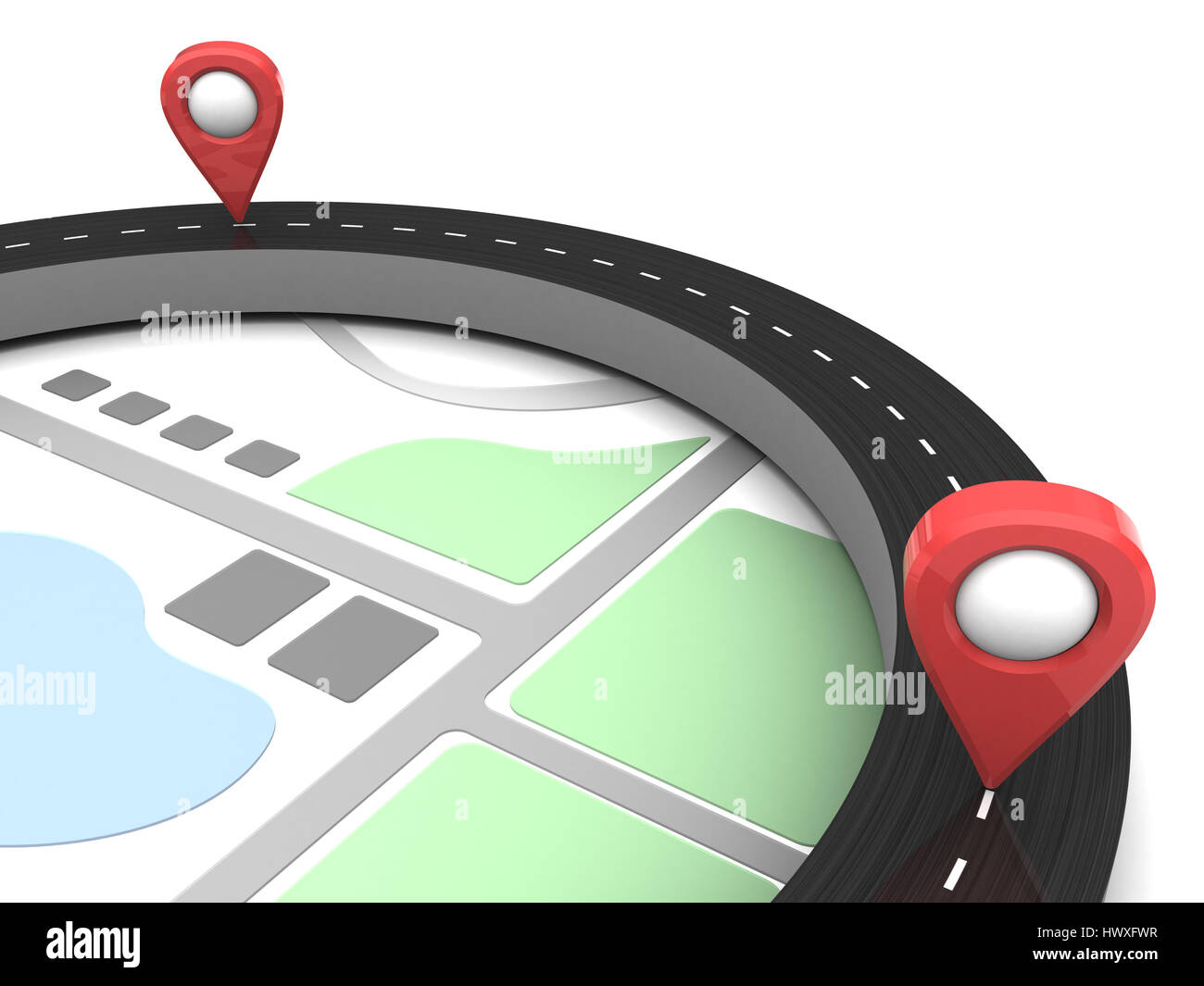 3d illustration of road around map with two red pins Stock Photo - Alamy
