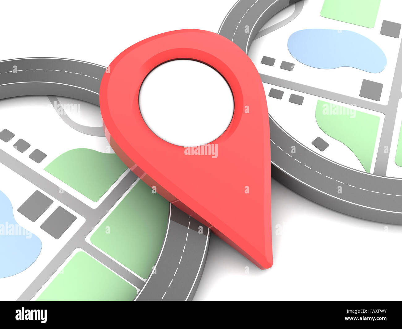 3d illustration of map with roads and red pin Stock Photo - Alamy