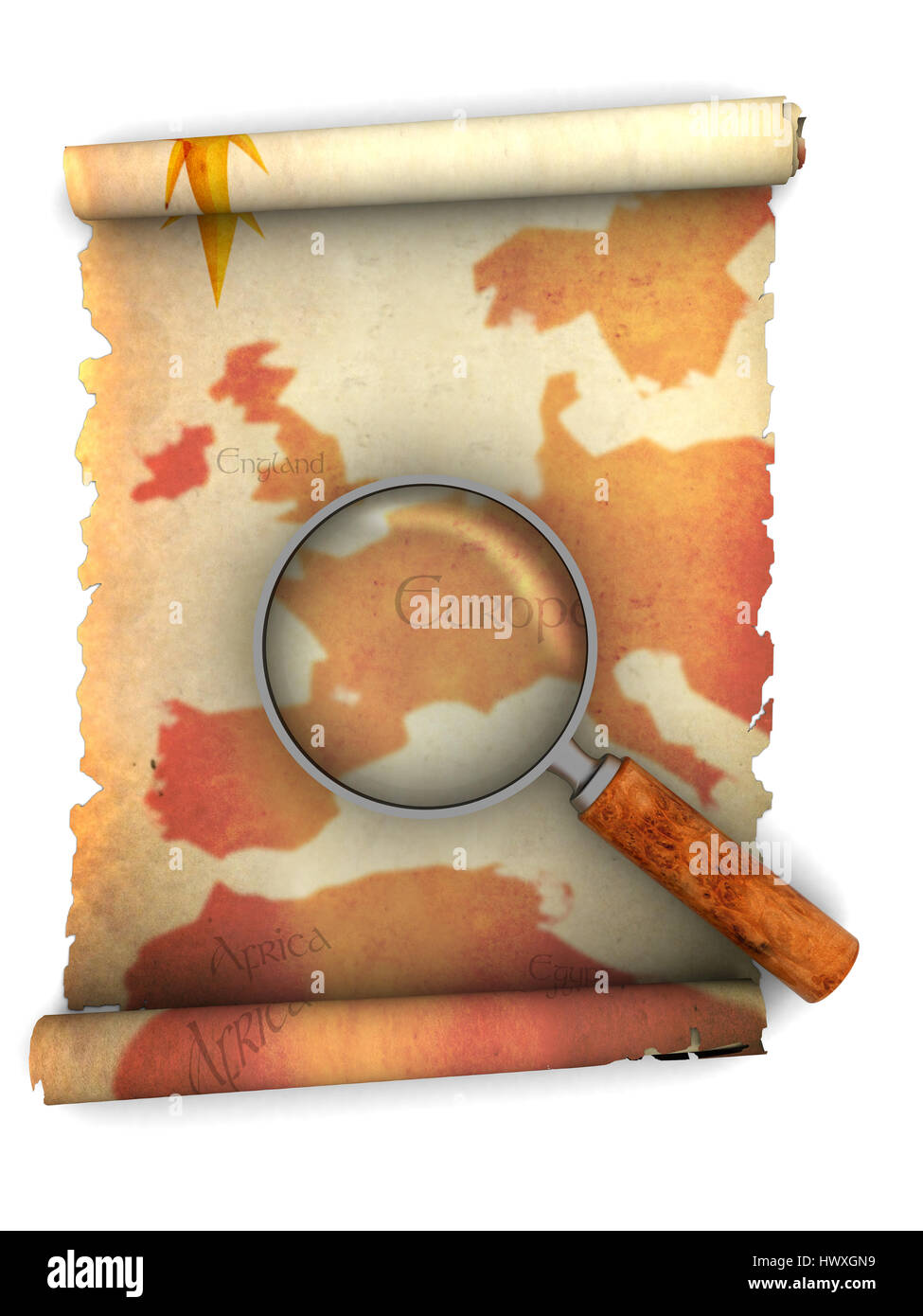 3d illustration of ancient map and magnify glass Stock Photo - Alamy