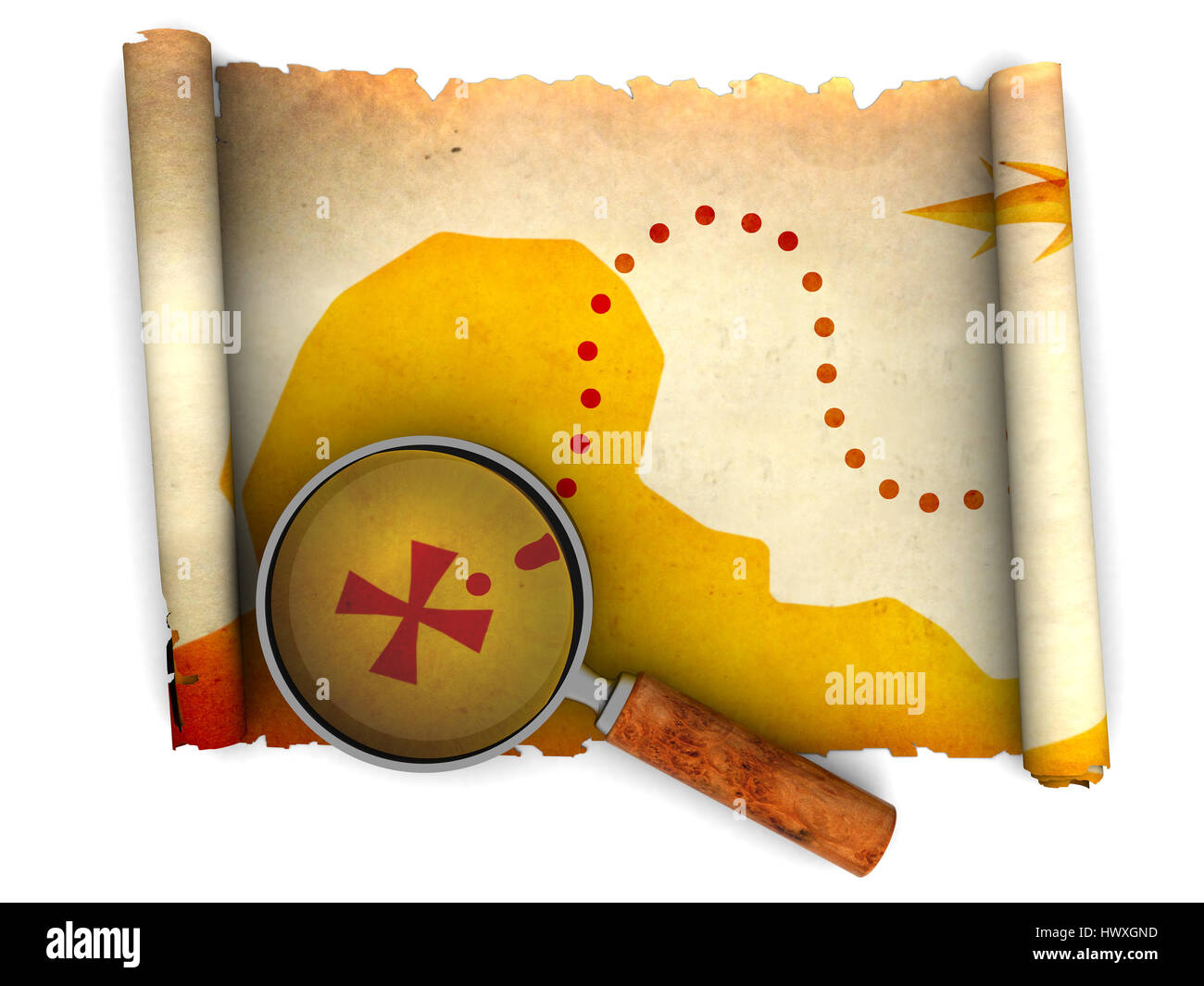 3d illustration of an ancient treasure map and magnify glass Stock ...