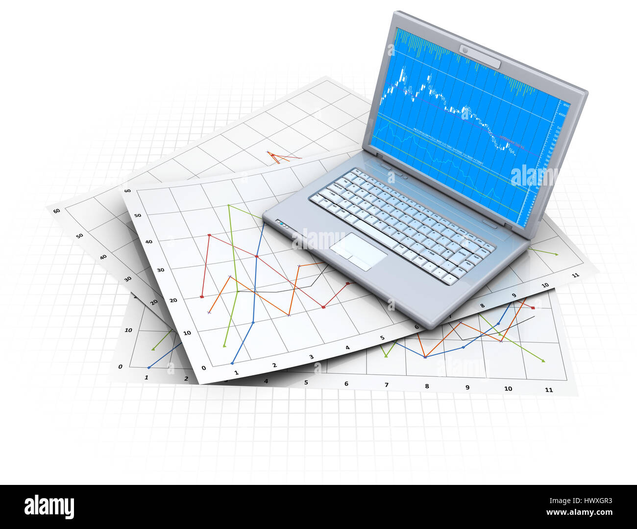 3d illustration of business diagrams and laptop with stock graph Stock ...
