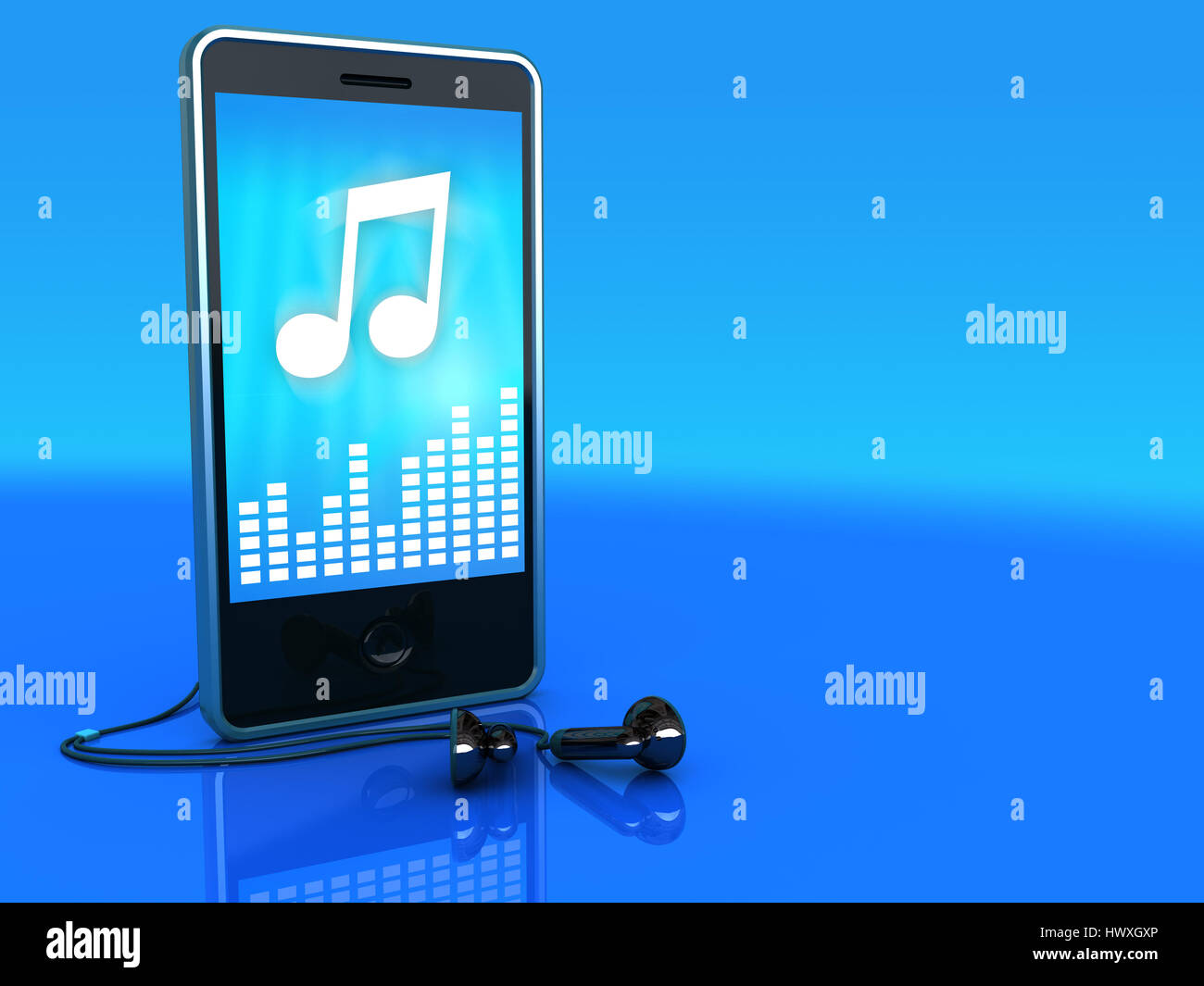 3d illustration of mobile phone playing music, over blue background ...