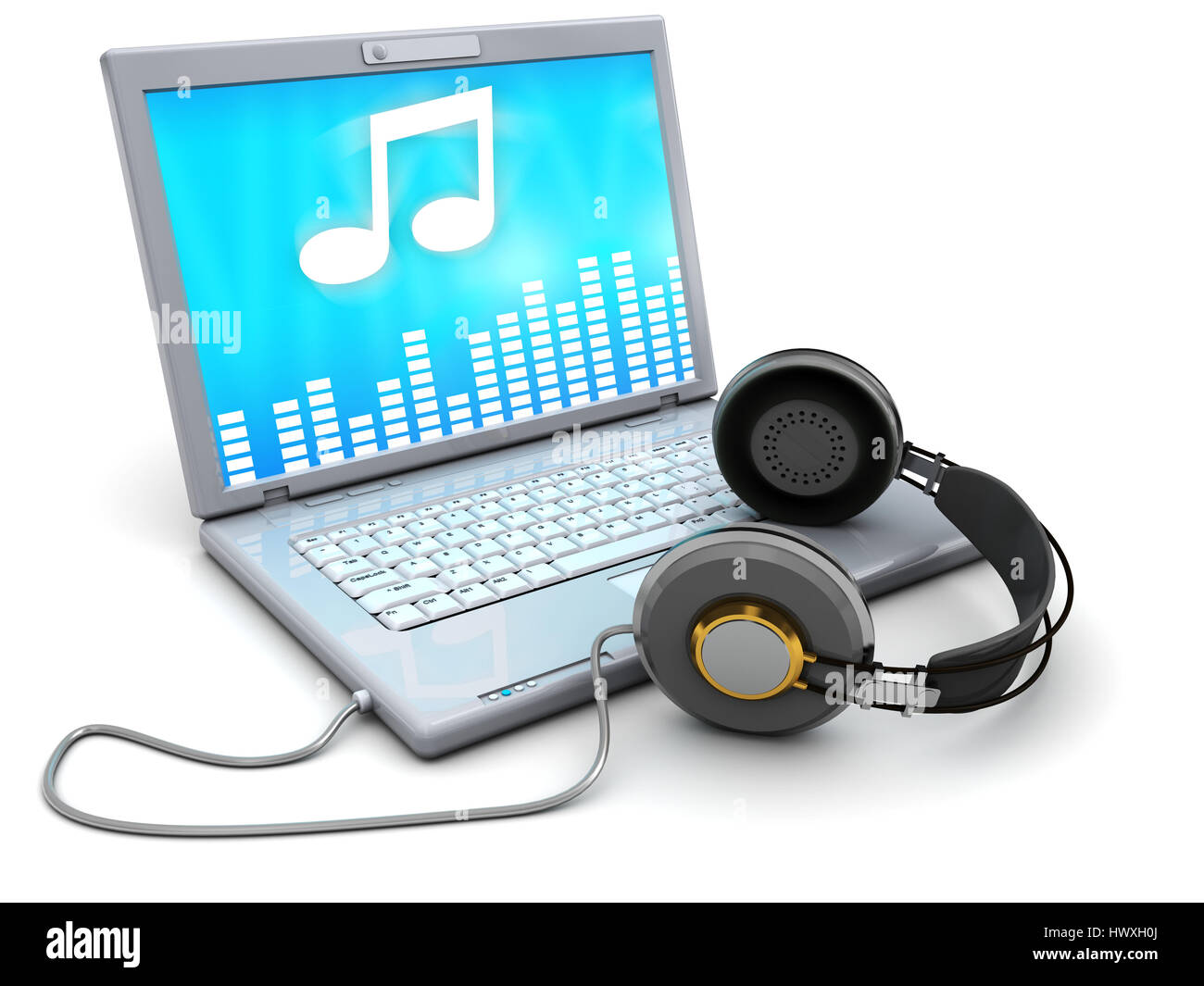 3d illustration of laptop computer with headphones, over white ...