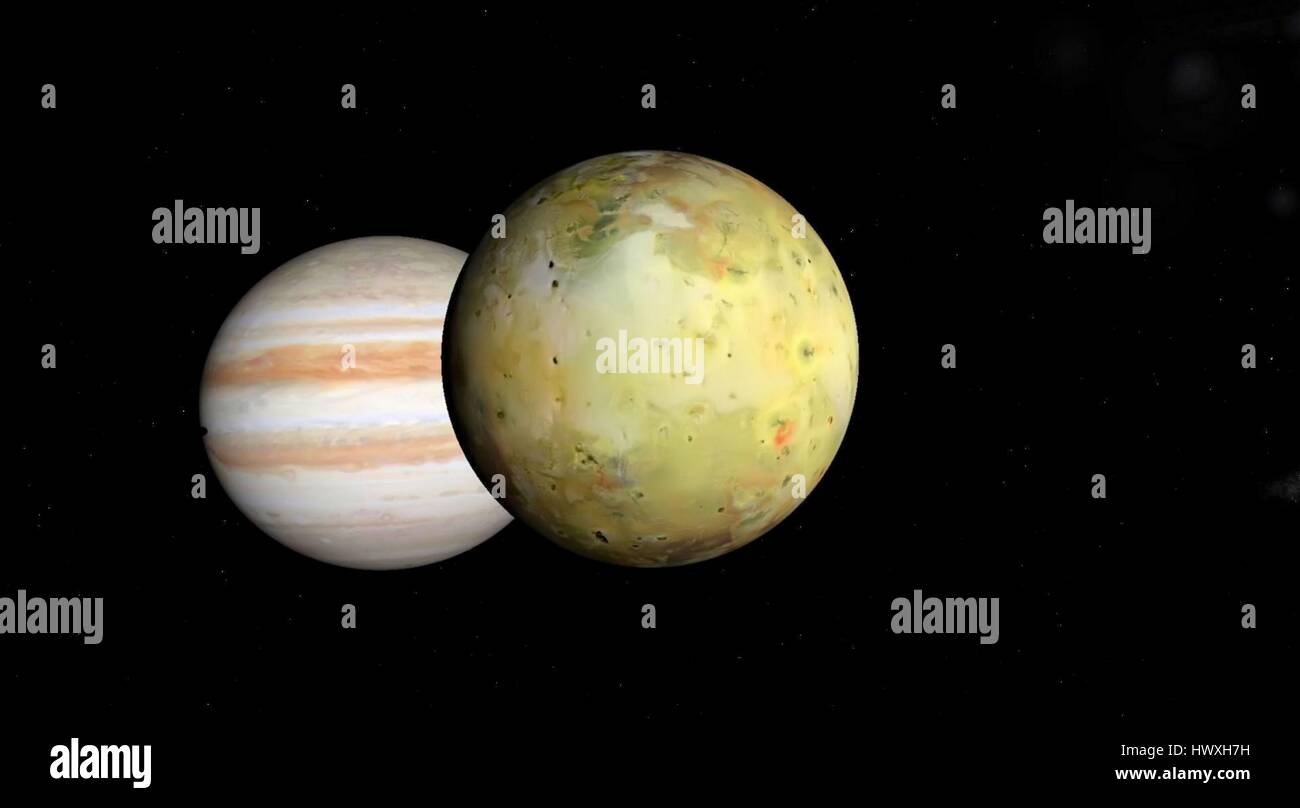 Jupiter and Io on a background of stars Stock Photo - Alamy