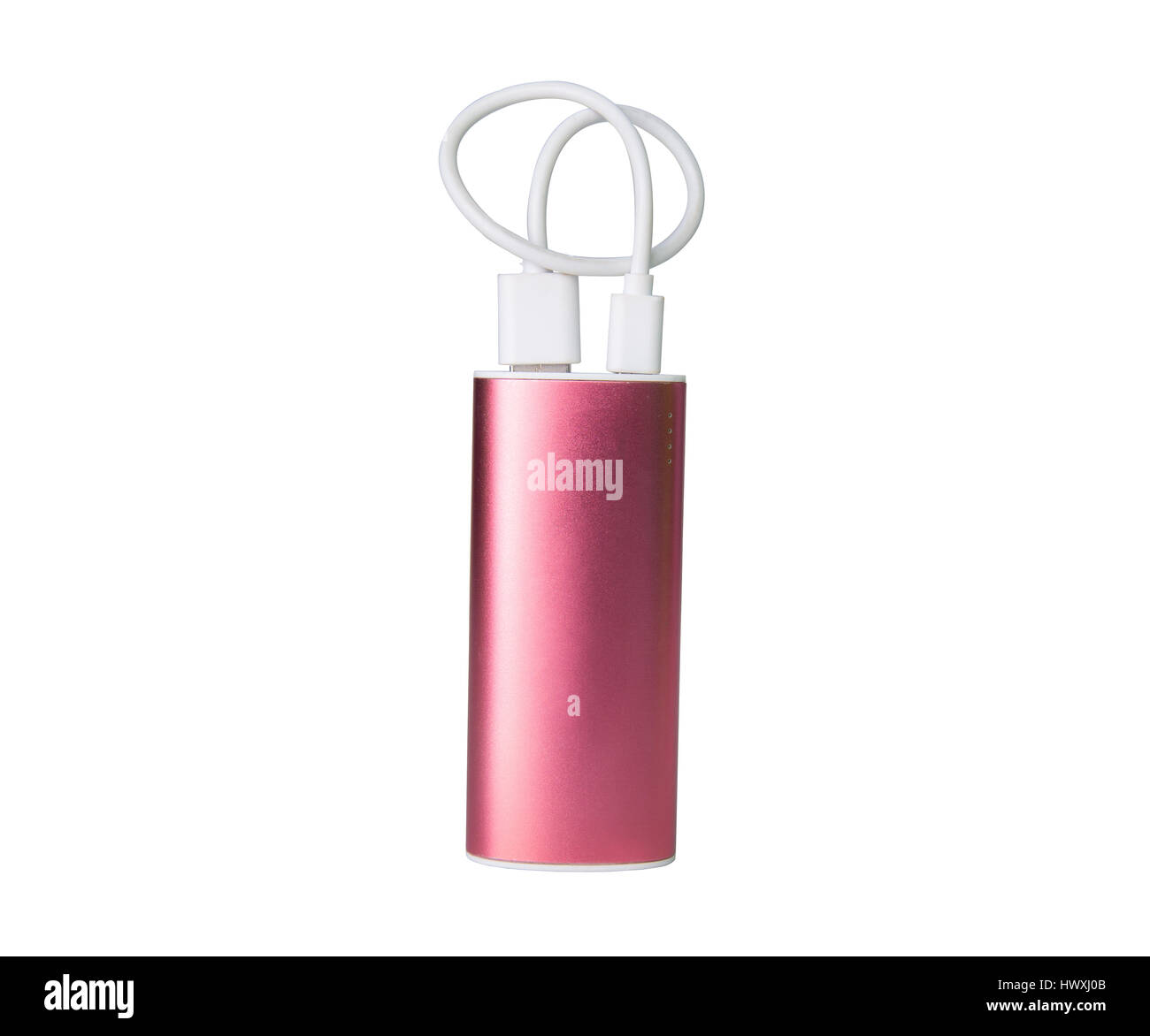 Pink portable power bank for charging mobile devices isolated on white ...