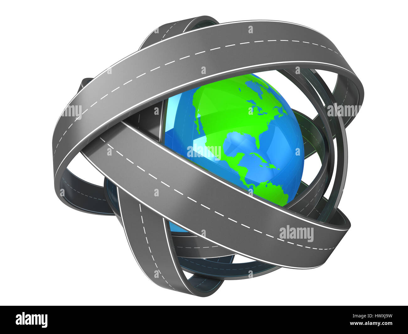 abstract 3d illustration of roads around earth globe, over white ...