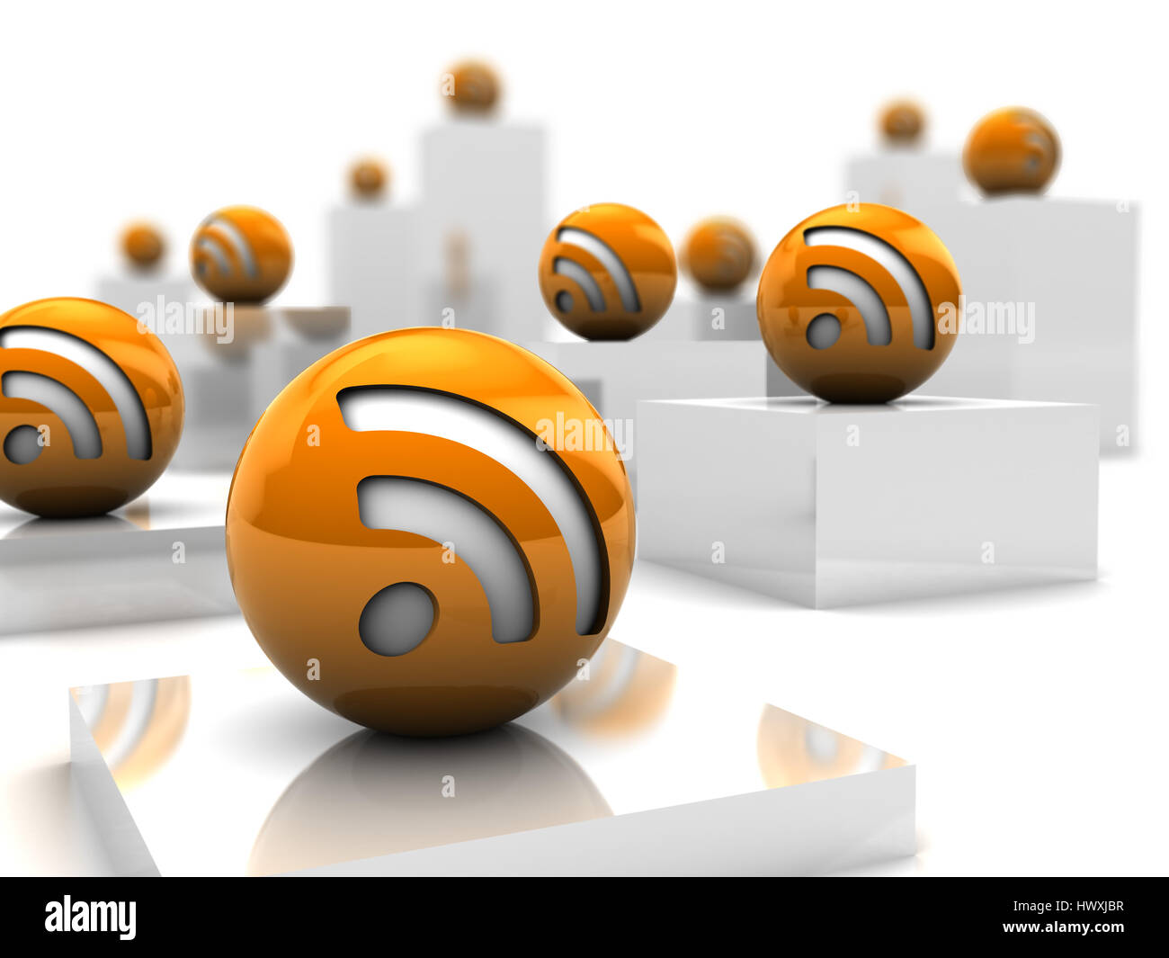 abstract 3d illustration of many rss symbols, over white background ...