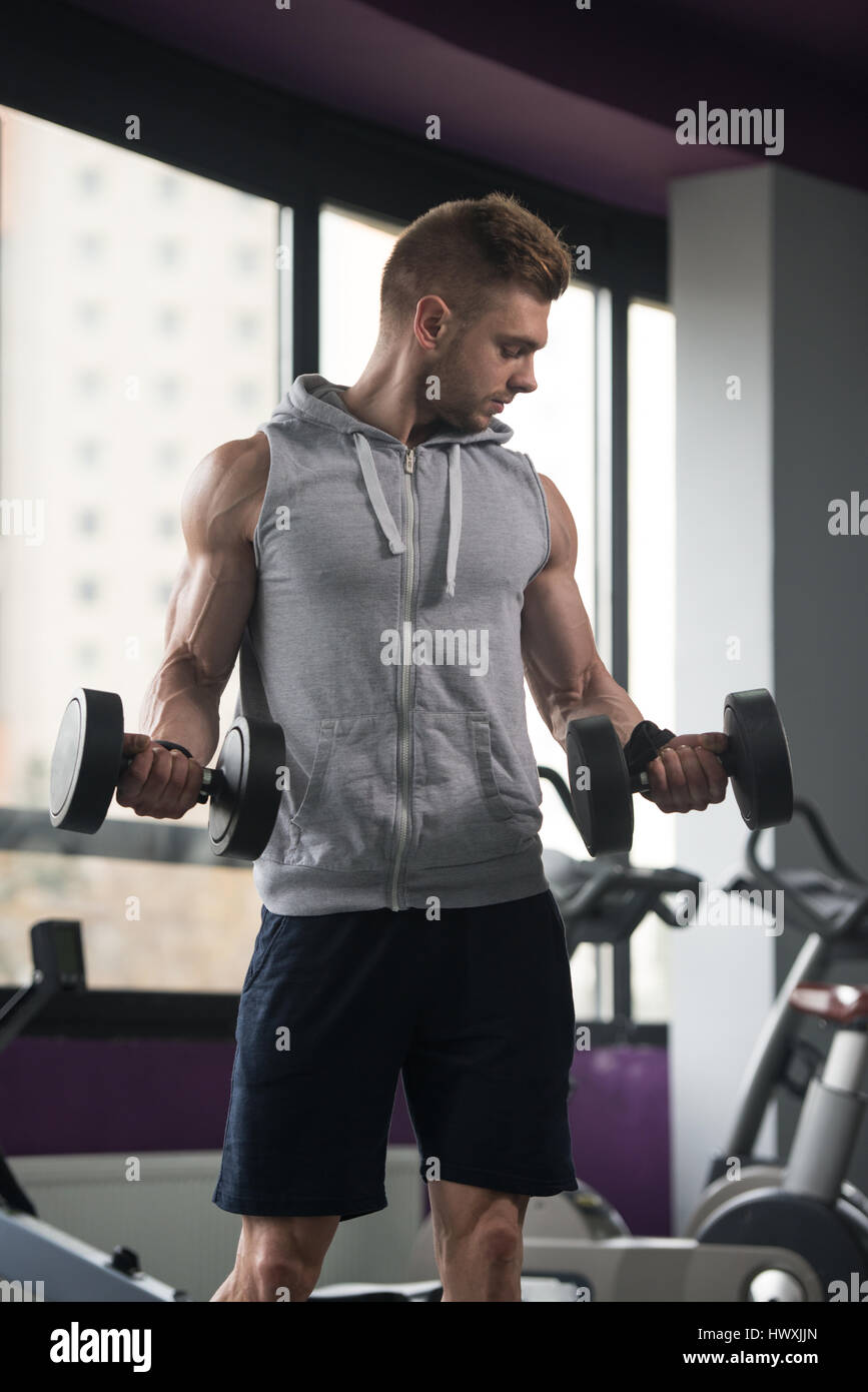 Young Man Working Out Biceps In Gym - Dumbbell Concentration Curls ...
