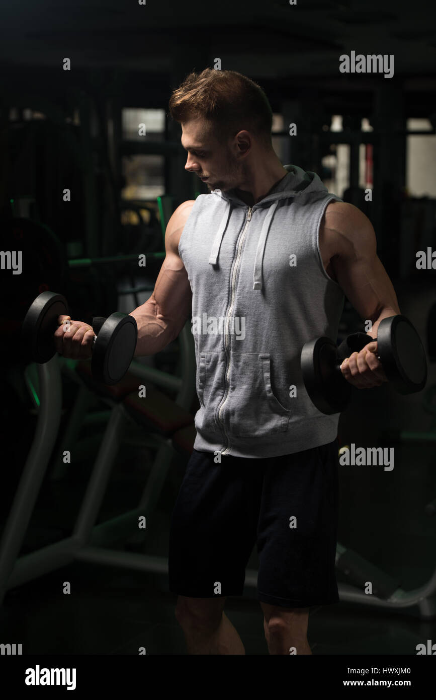 Young Man Working Out Biceps In Gym - Dumbbell Concentration Curls ...