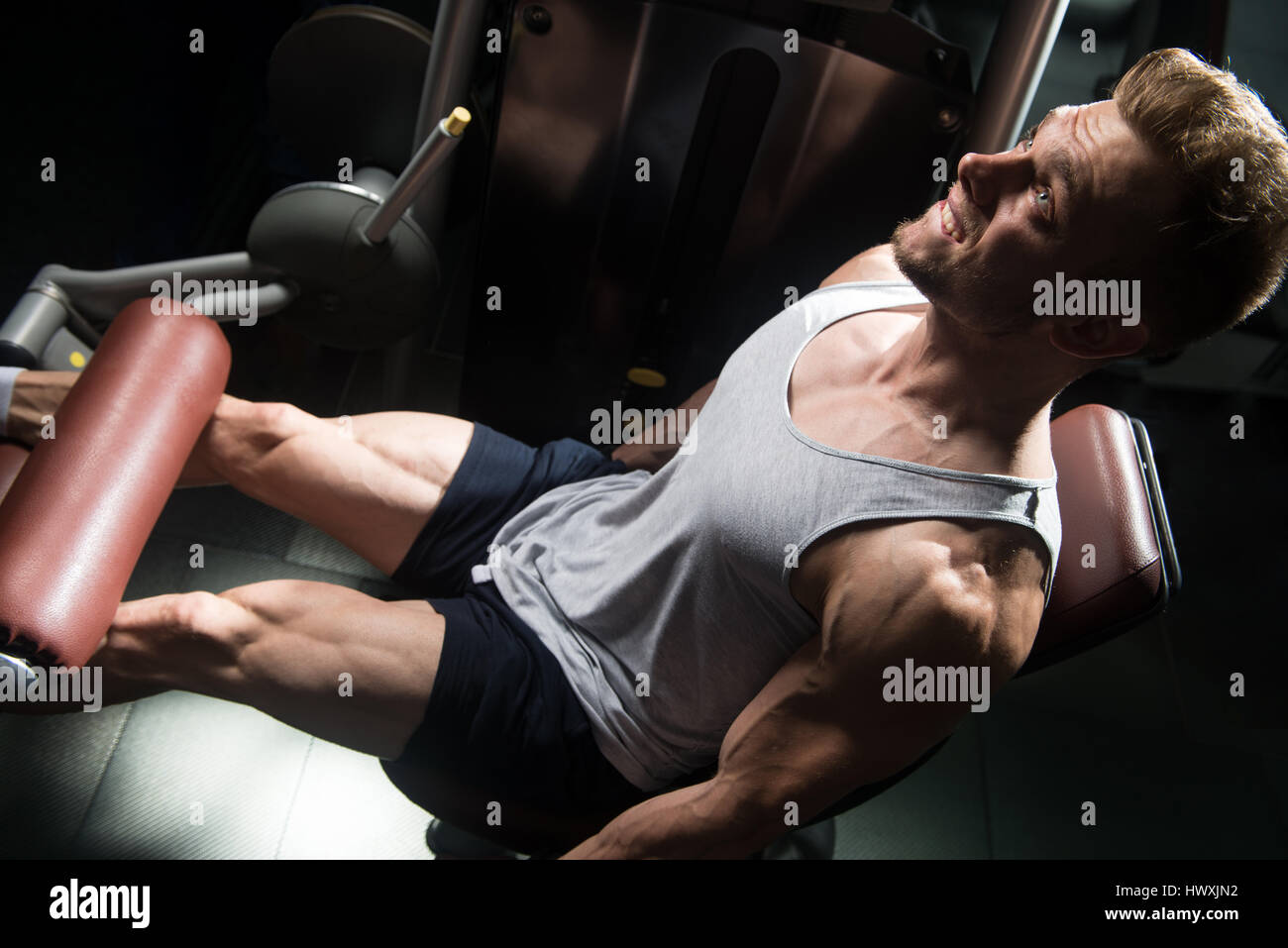 Leg Exercises Close Up - Man Doing Leg With Machine In Gym Stock Photo ...