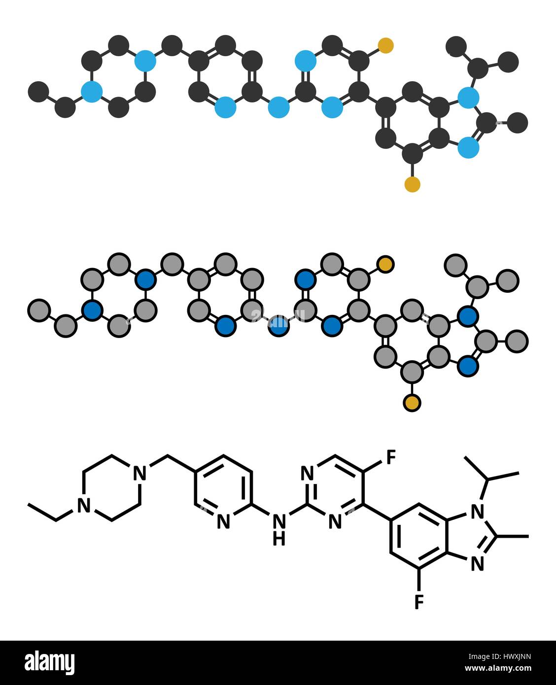 Abemaciclib cancer drug molecule (CDK inhibitor). Conventional skeletal ...