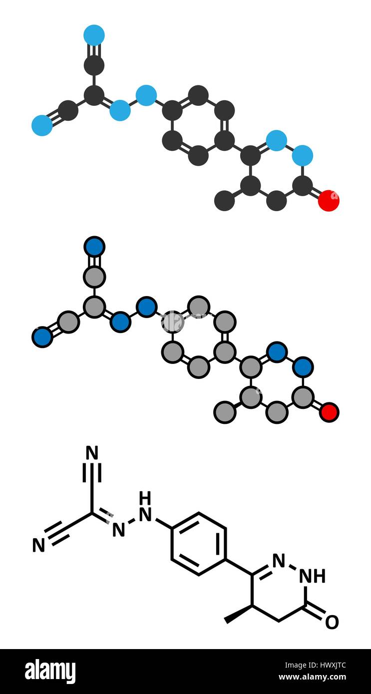 Levosimendan heart failure drug molecule. Conventional skeletal formula ...