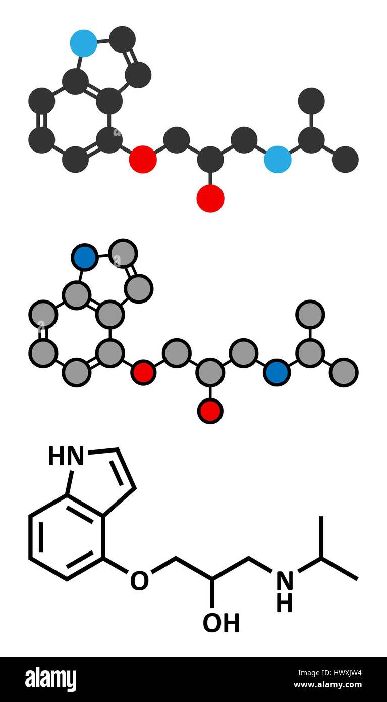 Pindolol beta blocker drug molecule. Conventional skeletal formula and ...