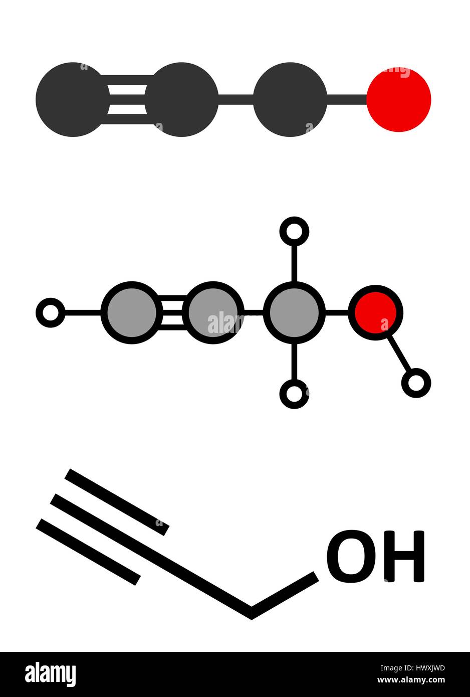 Propargyl alcohol molecule. Conventional skeletal formula and stylized ...