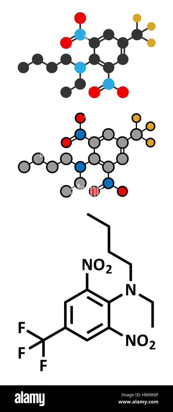 Benfluralin herbicide molecule. Stylized 2D renderings and conventional ...