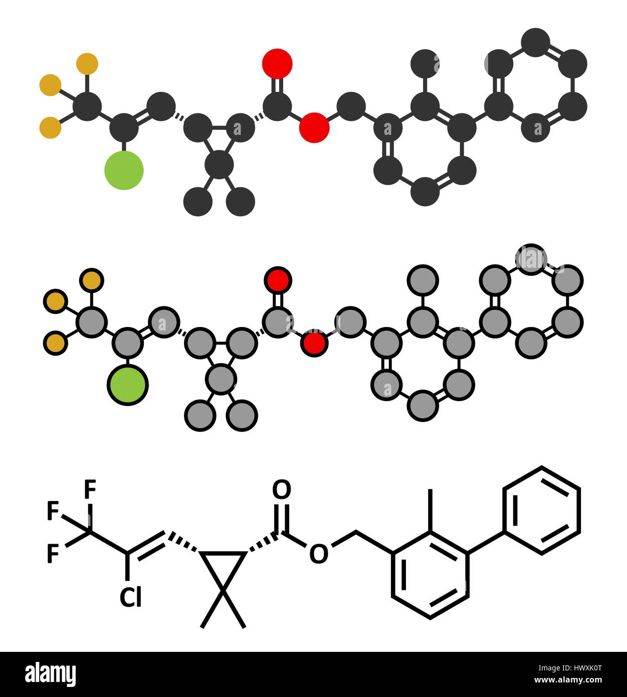 Bifenthrin insecticide molecule (pyrethroid class). Stylized 2D ...
