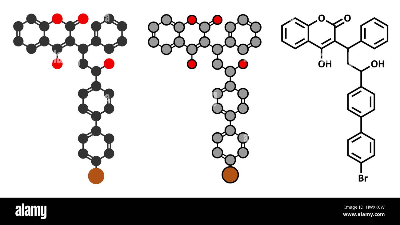 Bromadiolone rodenticide molecule (vitamin K antagonist). Stylized 2D ...