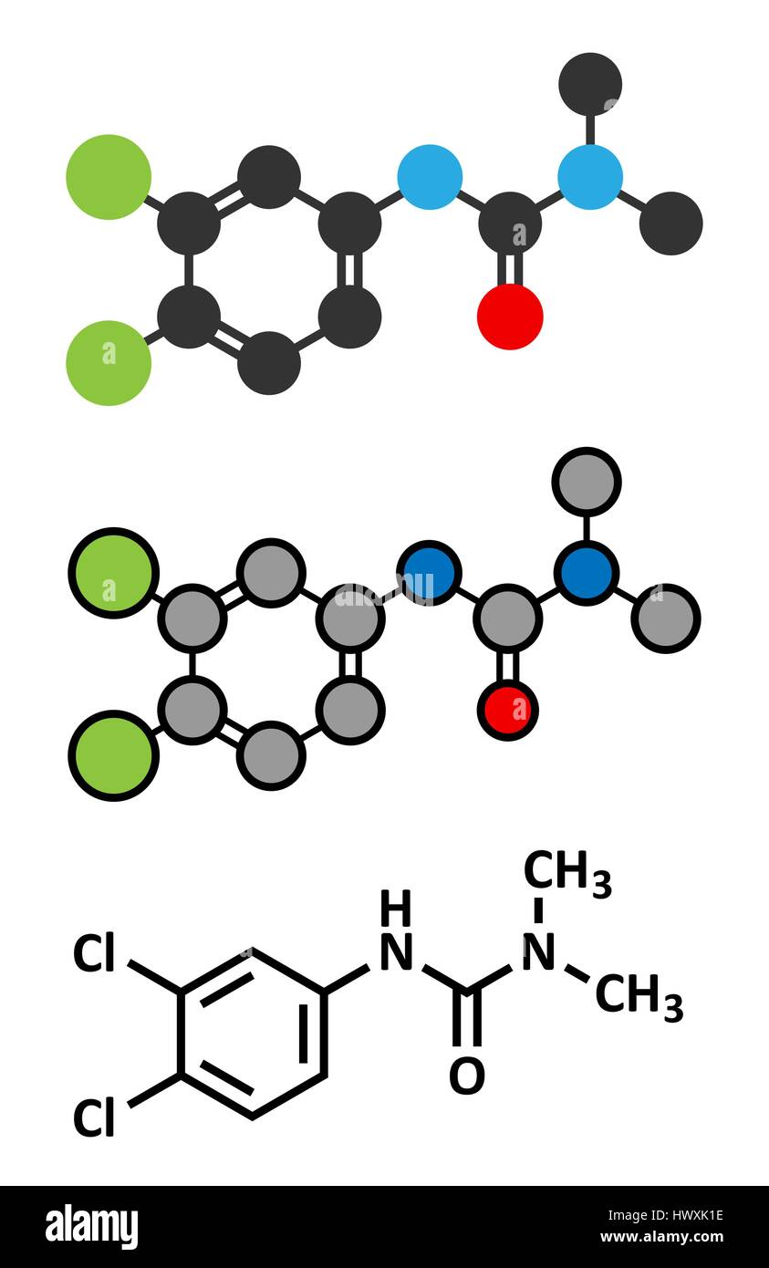 Diuron (DCMU) herbicide molecule. Stylized 2D renderings and ...