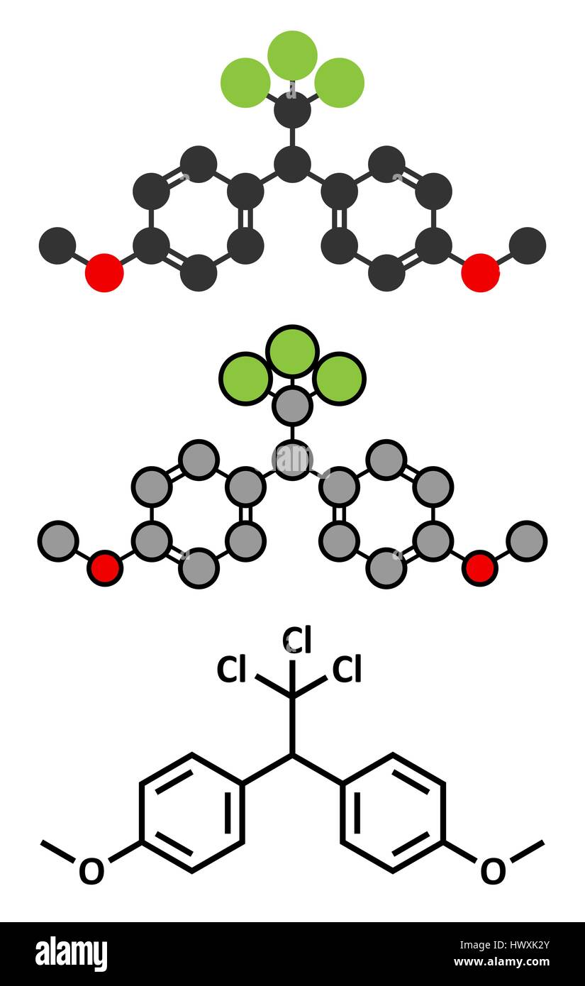 Methoxychlor pesticide molecule. Stylized 2D renderings and ...