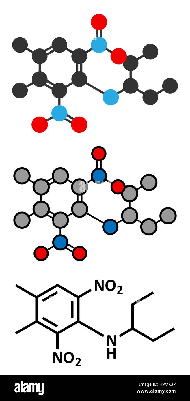 Pendimethalin herbicide molecule. Stylized 2D renderings and ...