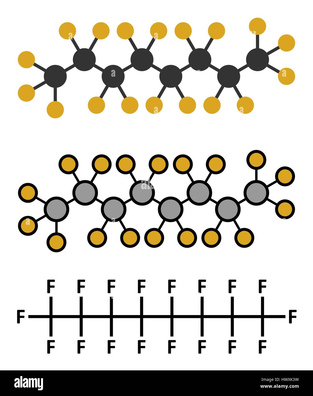 Perfluorooctane molecule. Stylized 2D renderings and conventional ...
