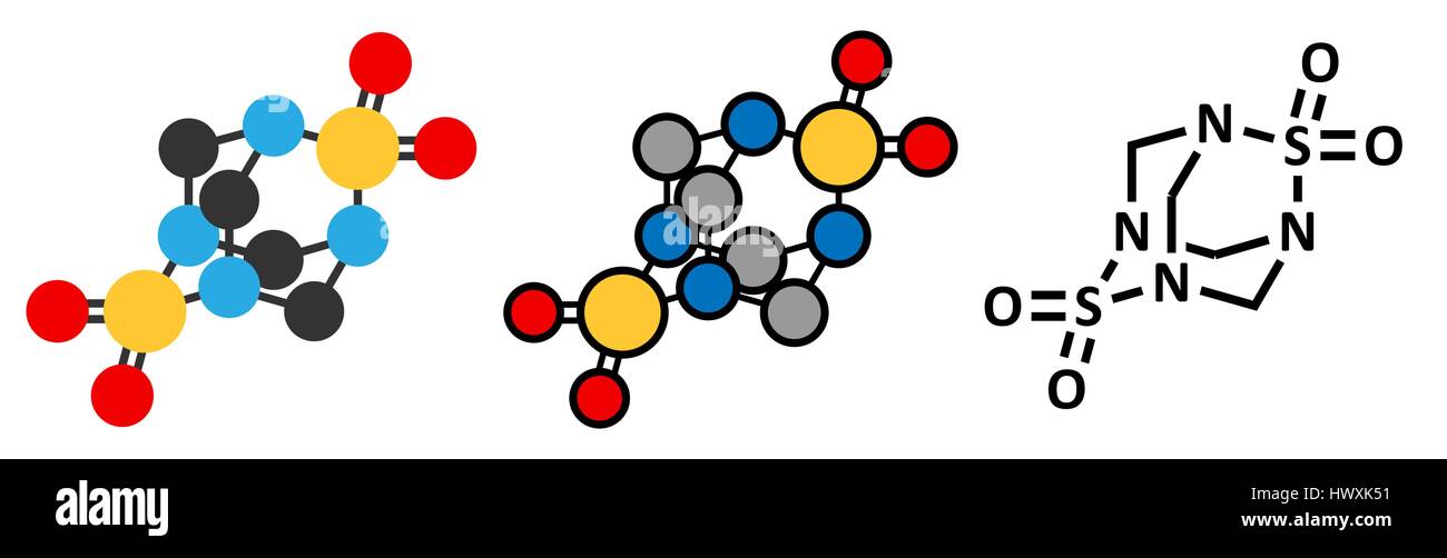 Tetramethylenedisulfotetramine (TETS) rodenticide molecule. Stylized 2D ...