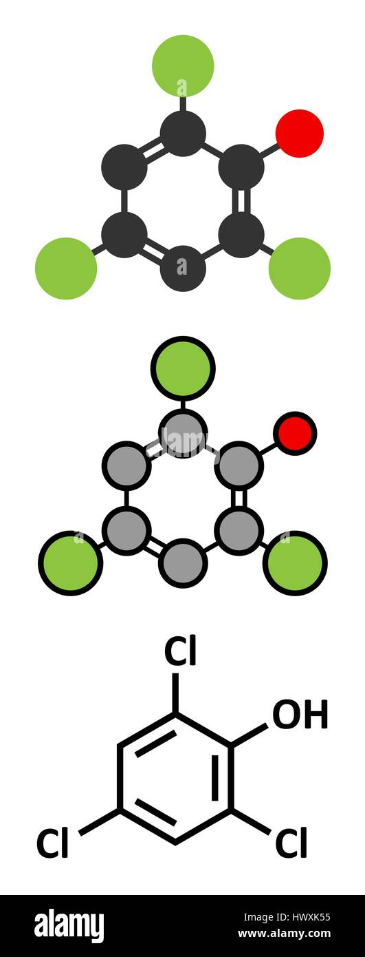 Trichlorophenol (TCP, 2,4,6-trichlorophenol) molecule. Stylized 2D ...