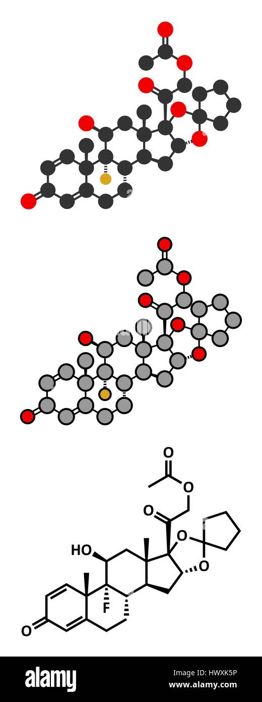 Amcinonide topical corticosteroid drug molecule. Stylized 2D renderings ...