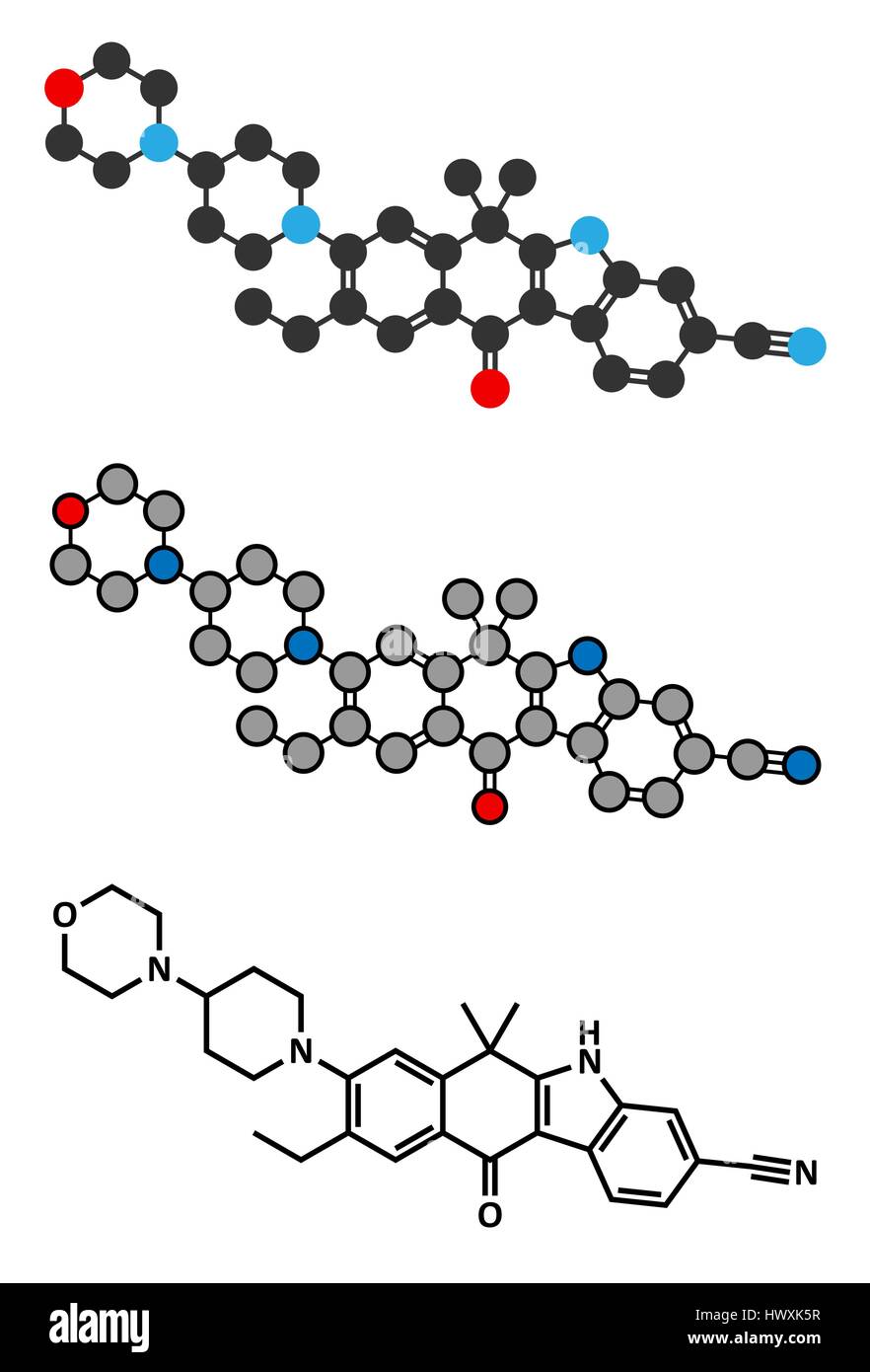 Alectinib cancer drug molecule. Stylized 2D renderings and conventional ...