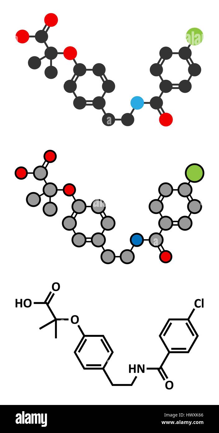 Bezafibrate hyperlipidemia drug molecule (fibrate class). Stylized 2D ...