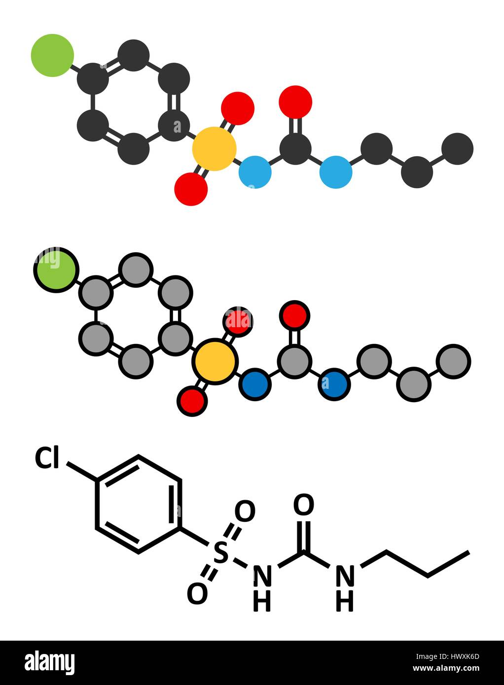 Chlorpropamide diabetes drug molecule. Stylized 2D renderings and ...