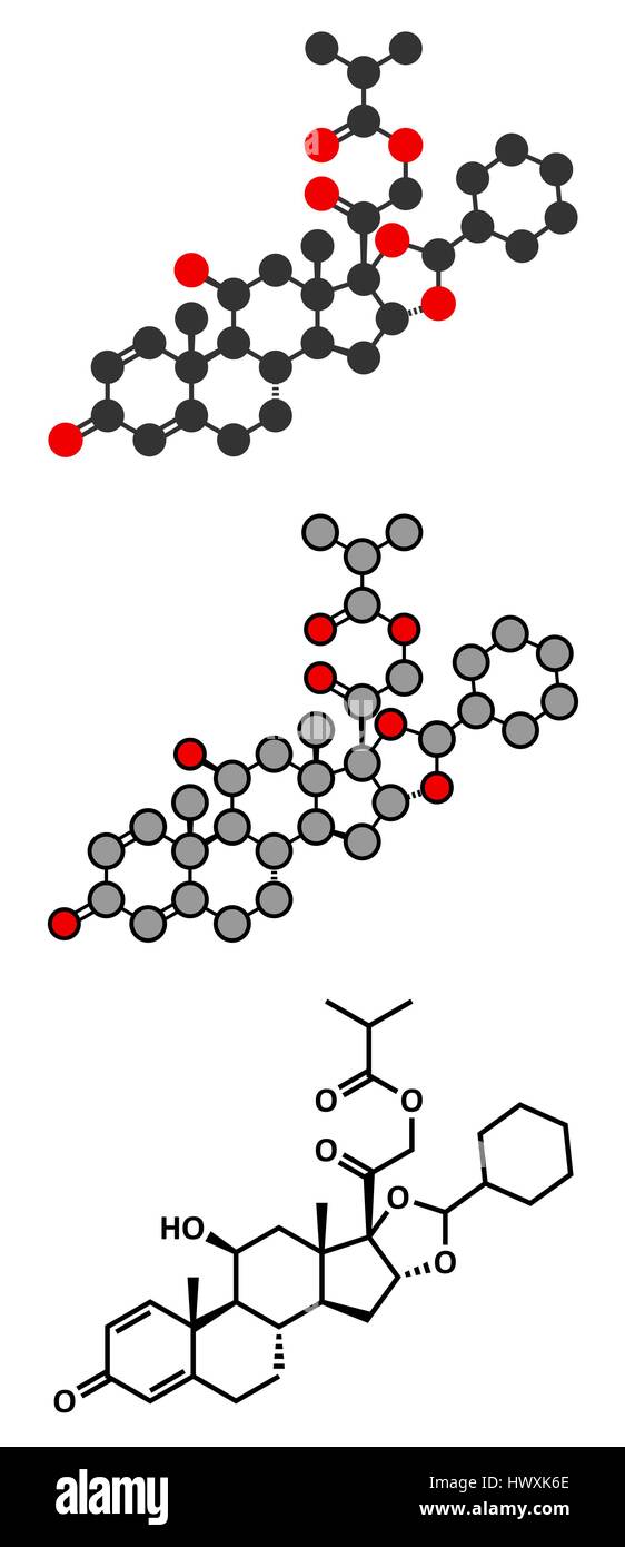 Ciclesonide glucocorticoid drug molecule. Stylized 2D renderings and ...