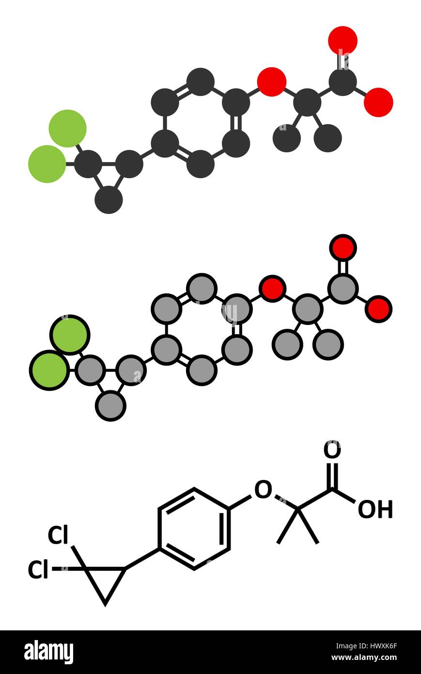Ciprofibrate hyperlipidemia drug molecule (fibrate class). Stylized 2D ...
