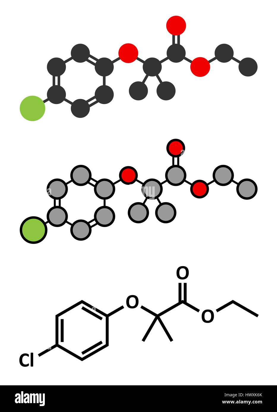 Clofibrate hyperlipidemia drug molecule (fibrate class). Stylized 2D ...