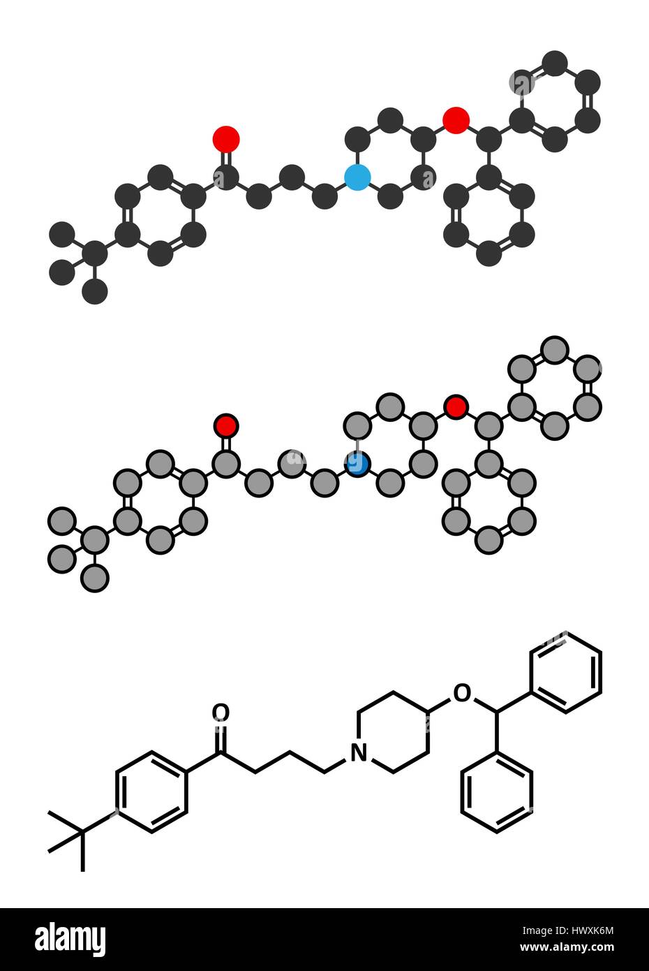 Ebastine antihistamine drug molecule. Stylized 2D renderings and ...