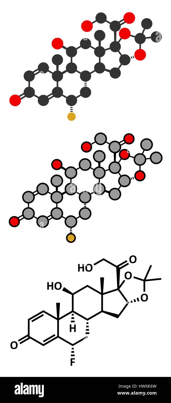 Flunisolide corticosteroid drug molecule. Stylized 2D renderings and ...