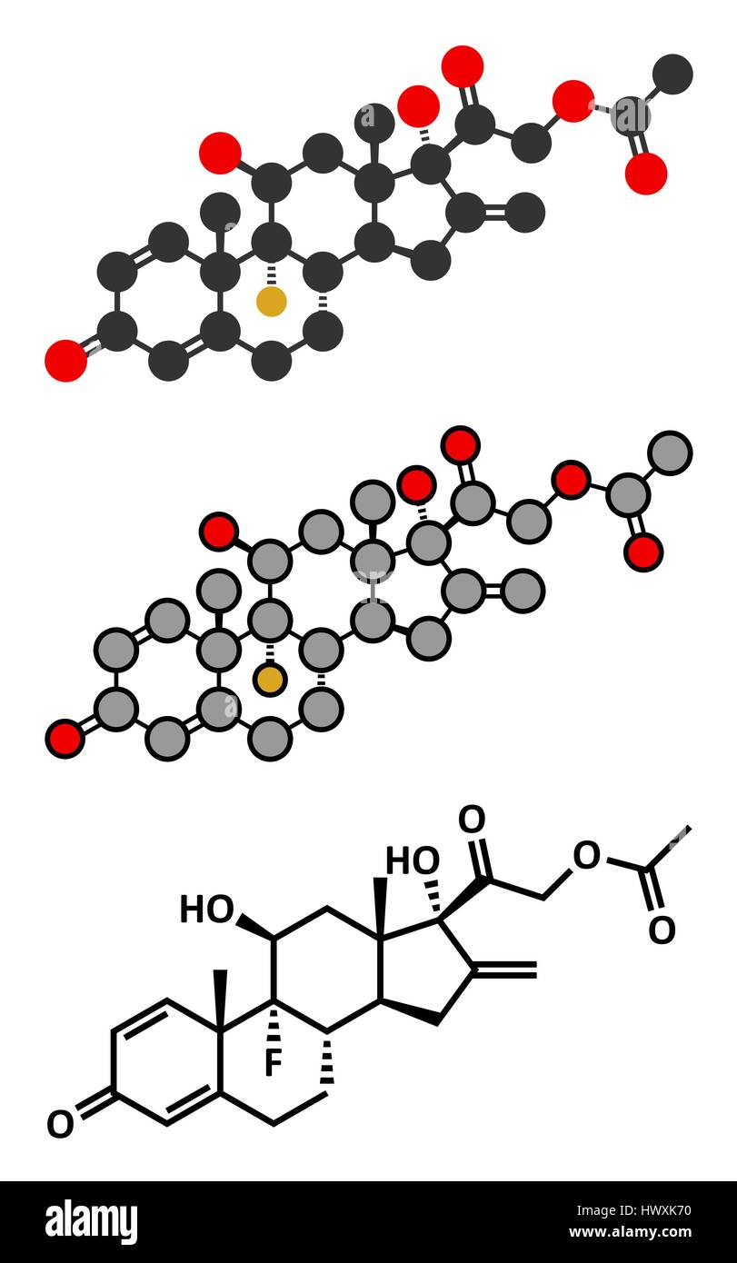 Fluprednidene acetate corticosteroid molecule. Stylized 2D renderings ...