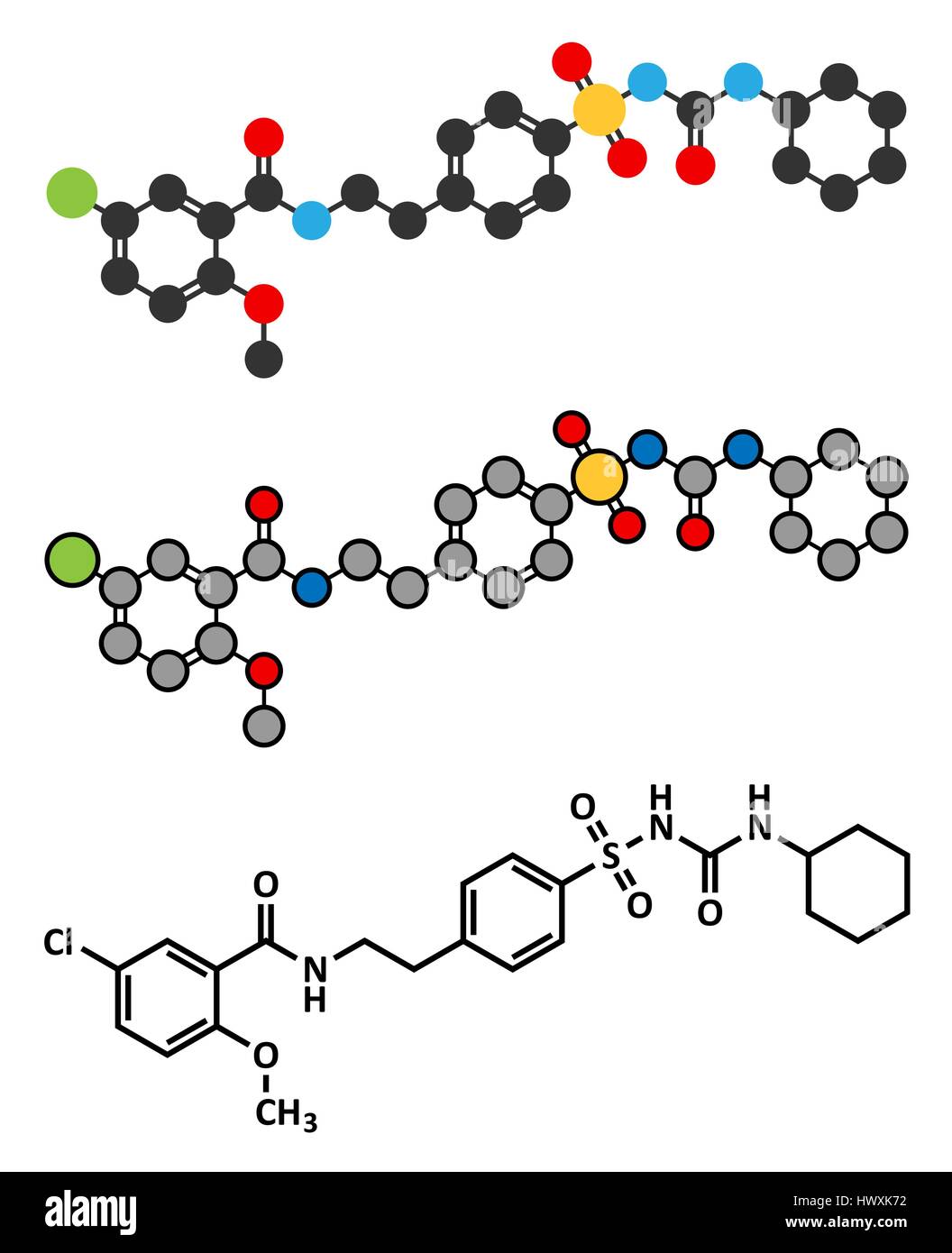 Glibenclamide (glyburide) diabetes drug molecule. Stylized 2D ...
