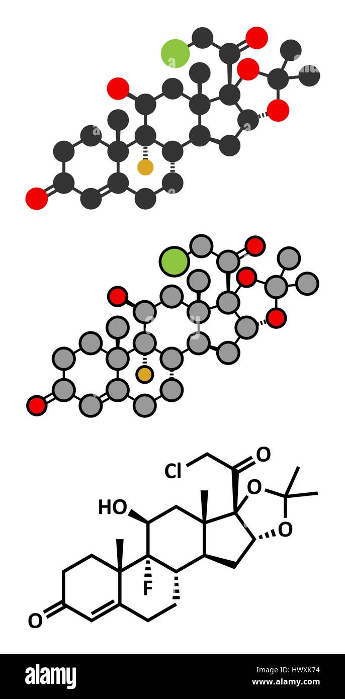 Halcinonide topical corticosteroid drug molecule. Stylized 2D ...