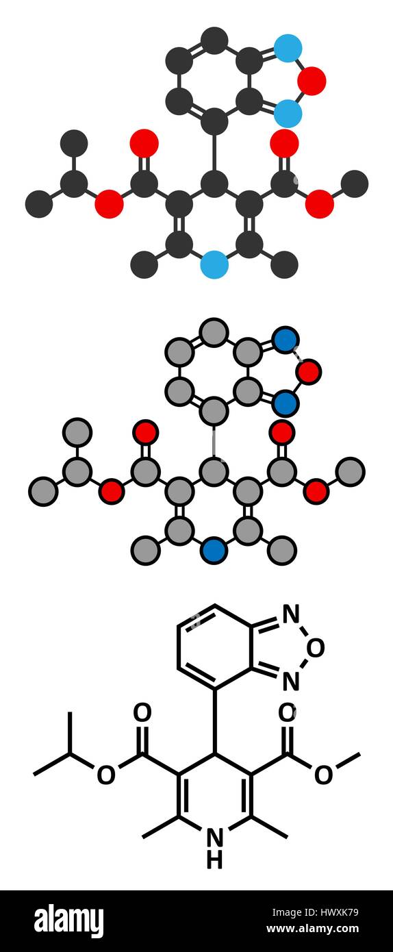 Isradipine hypertension drug molecule. Stylized 2D renderings and ...