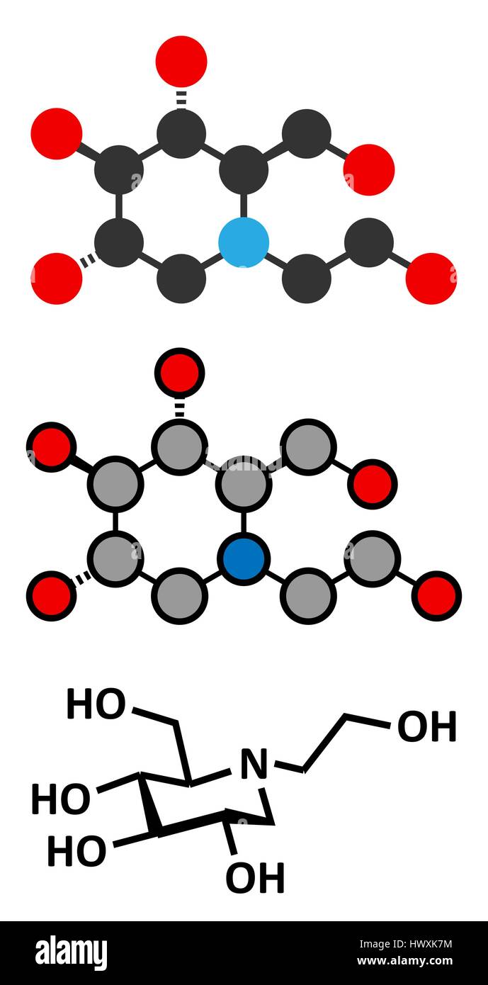 Miglitol diabetes drug molecule. Stylized 2D renderings and ...