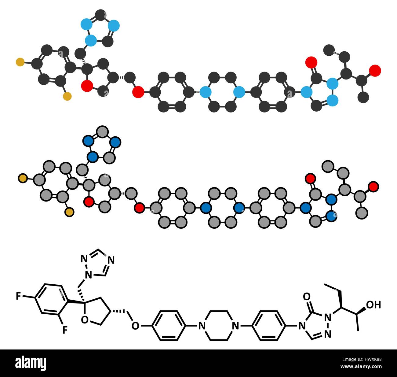 Posaconazole antifungal drug molecule. Stylized 2D renderings and ...