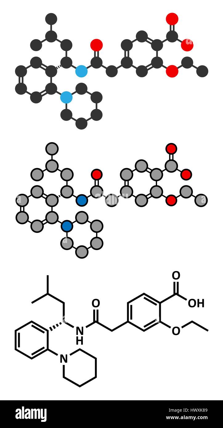 Repaglinide diabetes drug molecule. Stylized 2D renderings and ...