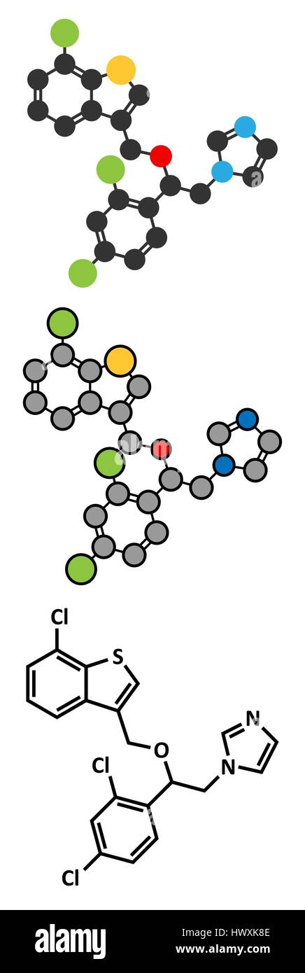 Sertaconazole antifungal drug molecule. Stylized 2D renderings and ...