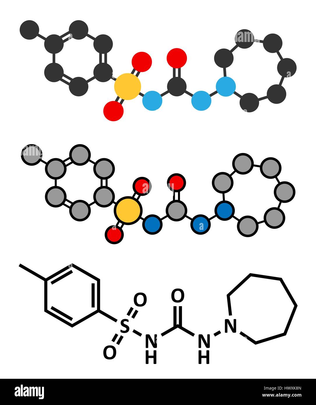 Tolazamide diabetes drug molecule. Stylized 2D renderings and ...