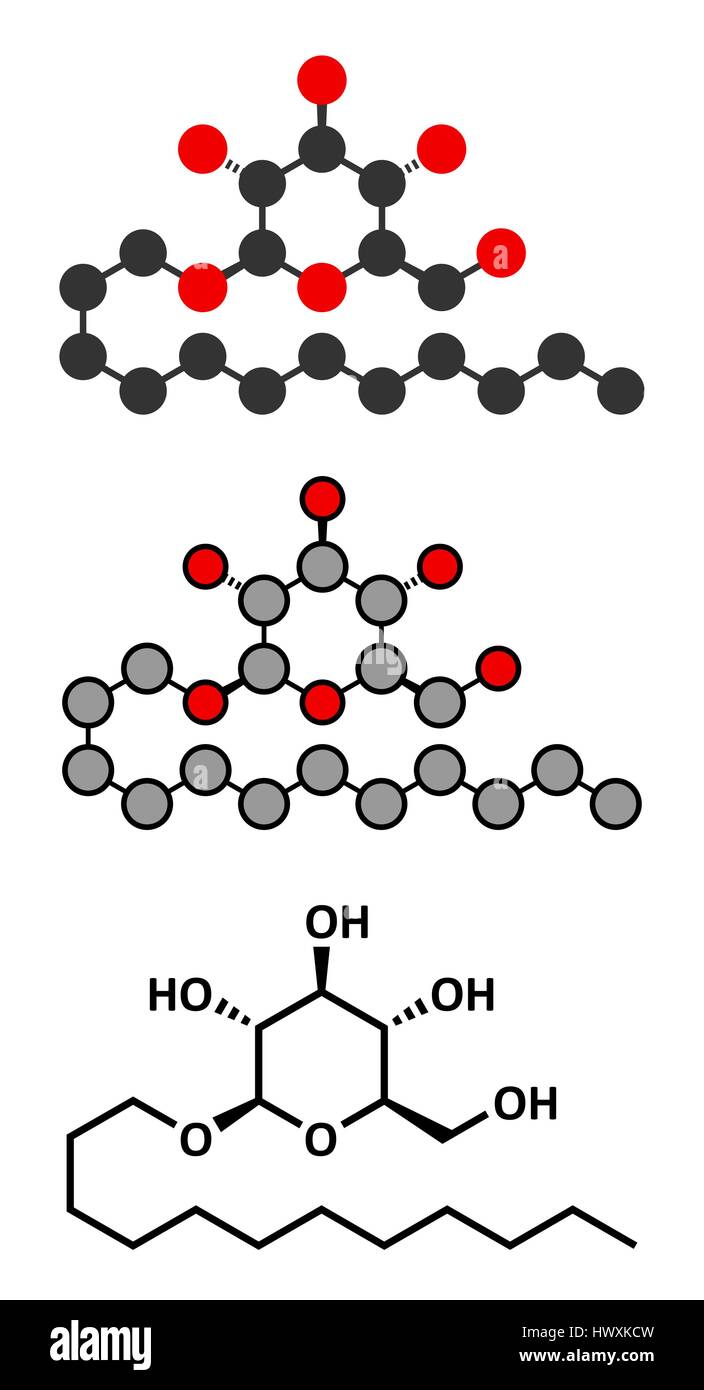 Lauryl glucoside (dodecyl glucoside) non-ionic surfactant molecule ...