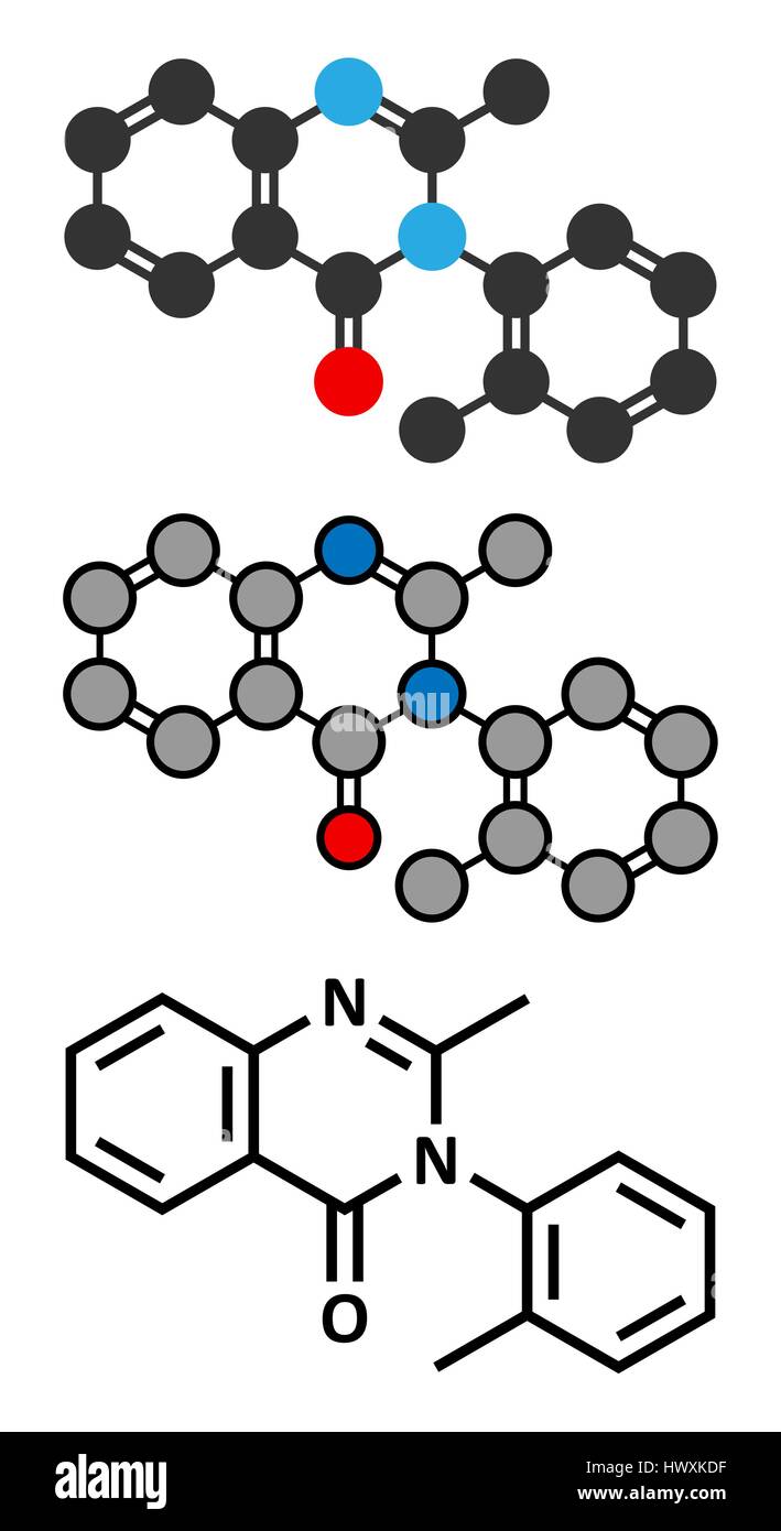 Methaqualone recreational drug molecule. Stylized 2D renderings and ...