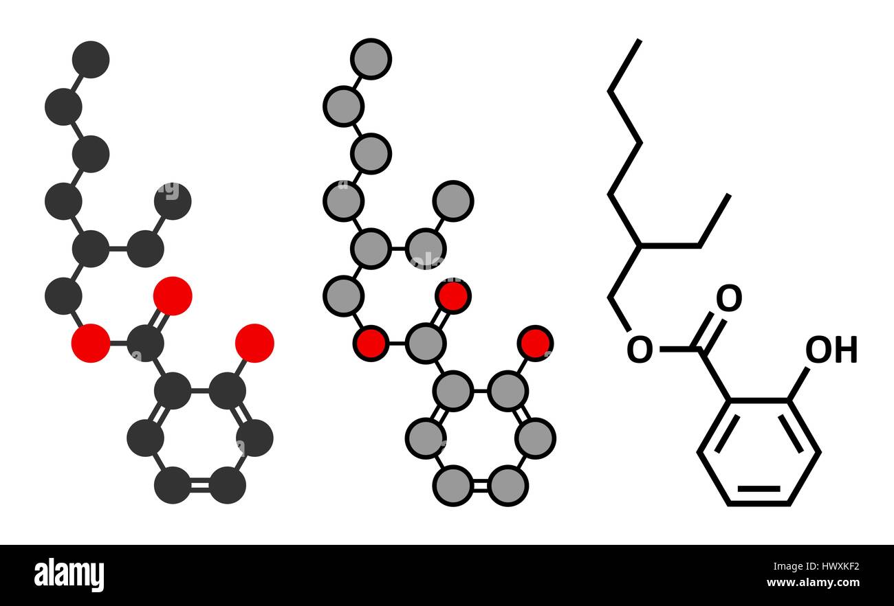 Octyl salicylate (octisalate) sunscreen molecule (UV filter). Stylized ...