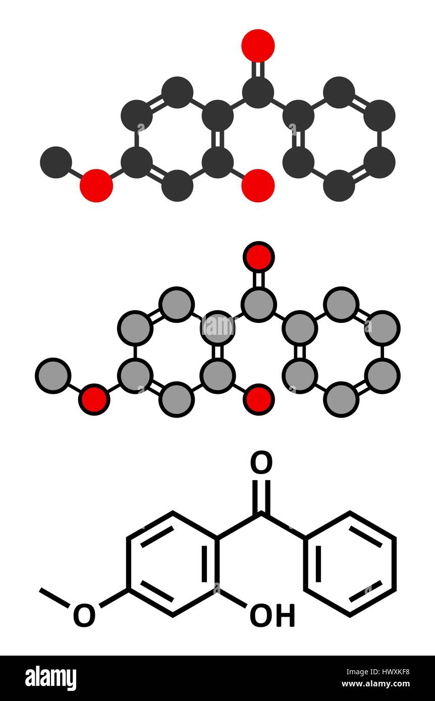 Oxybenzone sunscreen molecule. Stylized 2D renderings and conventional ...