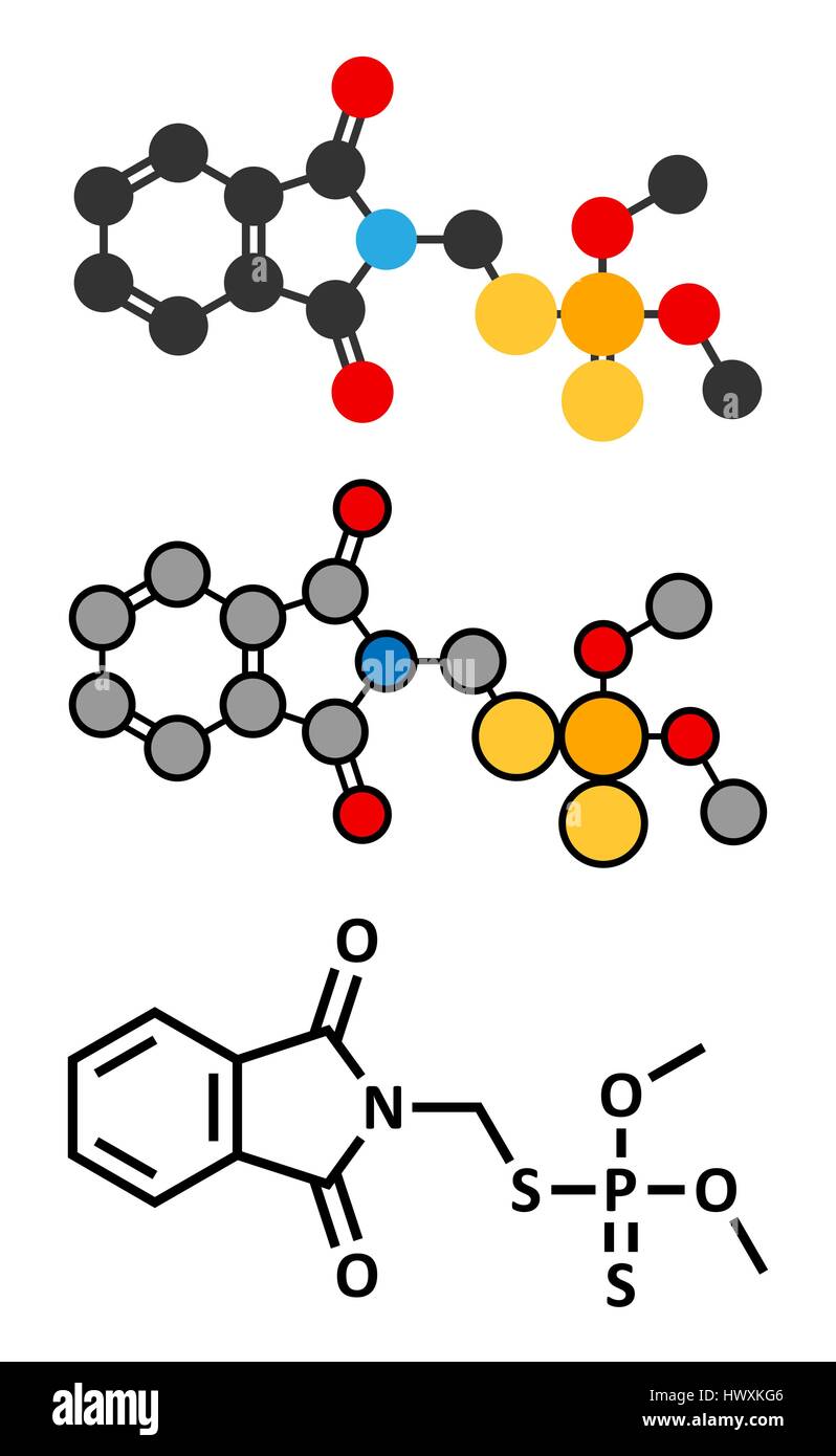 Phosmet organophosphate insecticide molecule. Stylized 2D renderings ...